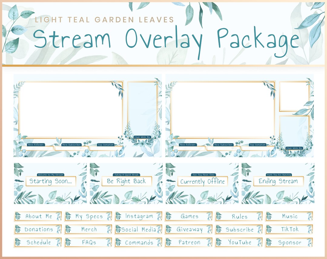 Animated Stream Overlay Package Light Teal Garden Leaves Twitch Overlay ...