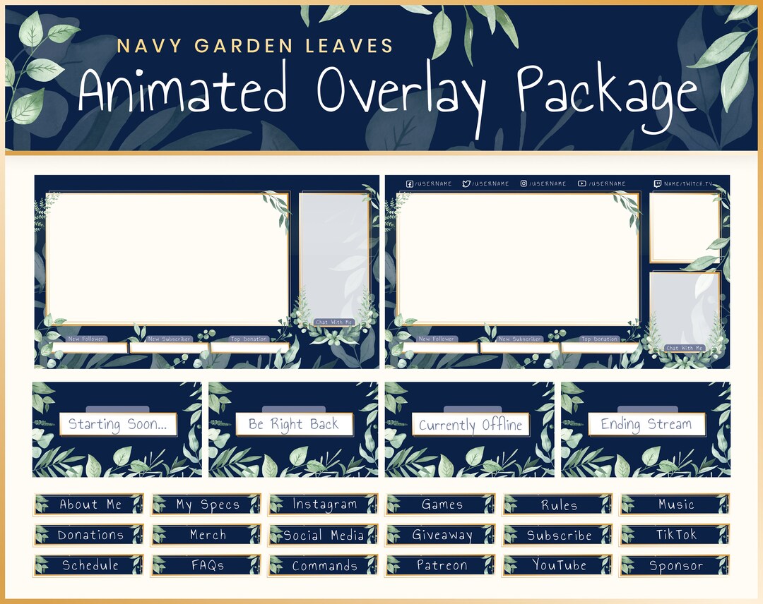 Animated Stream Overlay Package - Navy Garden Leaves | Twitch | Overlay ...