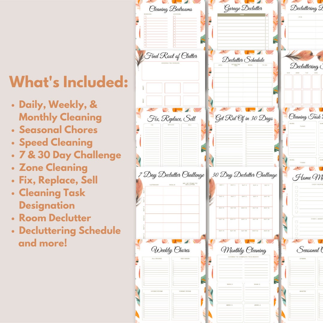 Decluttering Planner, Printable, Feather, Cleaning Planner, Digital ...