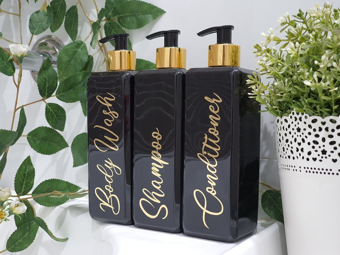 Square Black Bottle With Black & Gold Pump |shampoo, Conditioner and ...