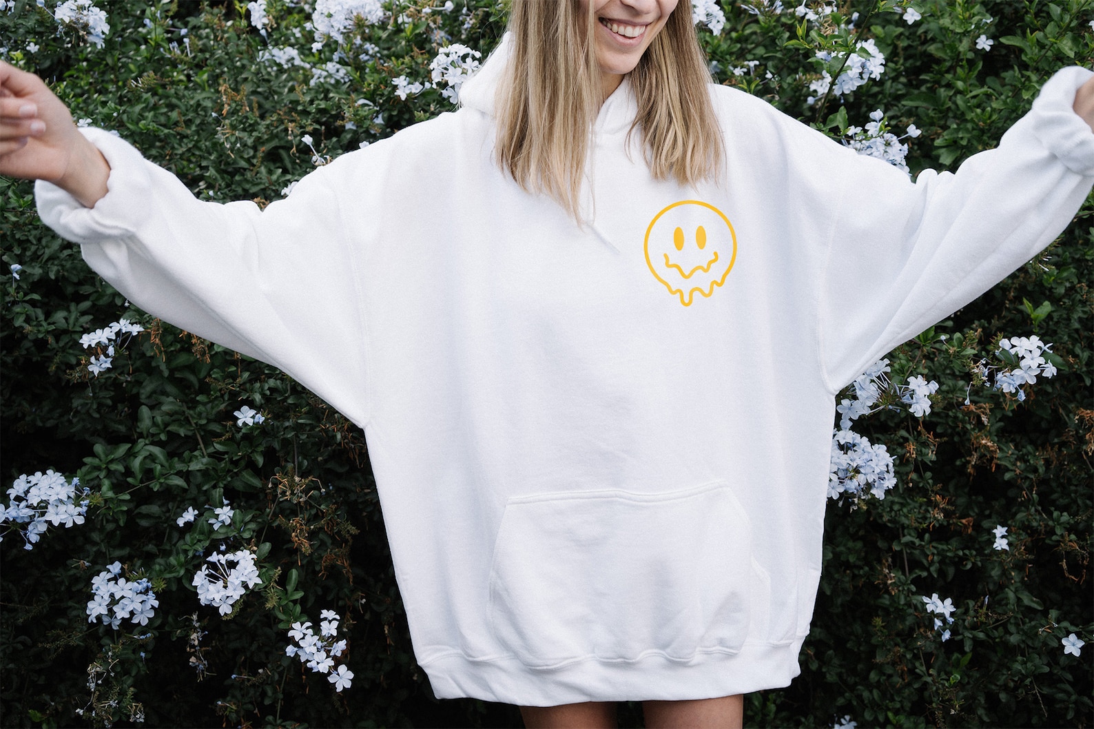 Smile Face Hoodie | Front and Back Drippy Smiley Face Graphic Hoodie ...