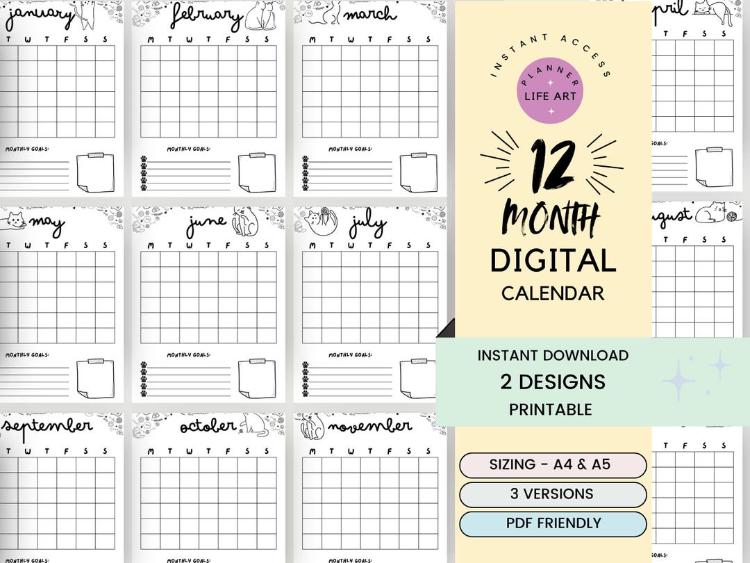 12 Month Calendar, Journal Calendar, Monthly Calendar, Printable Cat ...