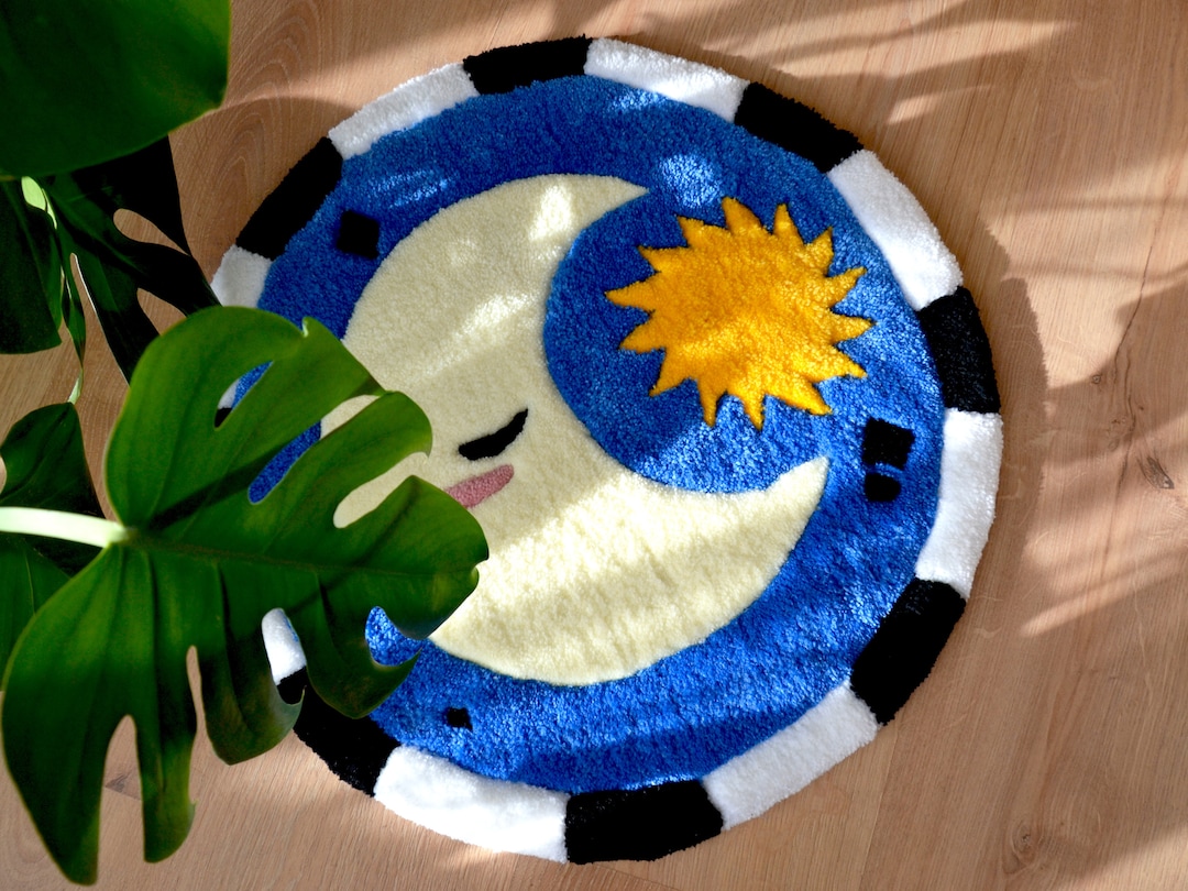 Round Tufted Rug Moon and Sun "moune" 50x50cm Blue, Yellow, Black and ...