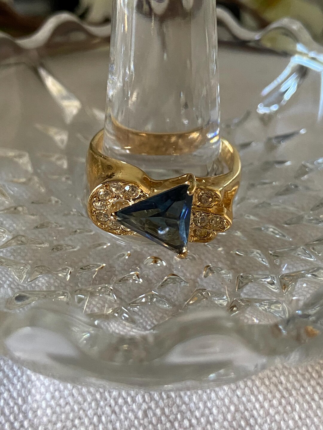 Beautiful Roman Gold Tone, Blue Triangle Rhinestone Statement Ring Sz ...