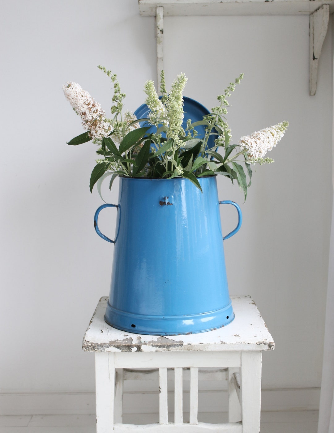 Beautiful Vintage Large Blue Enamel Fat Pot Grease Kettle Lard Pot ...