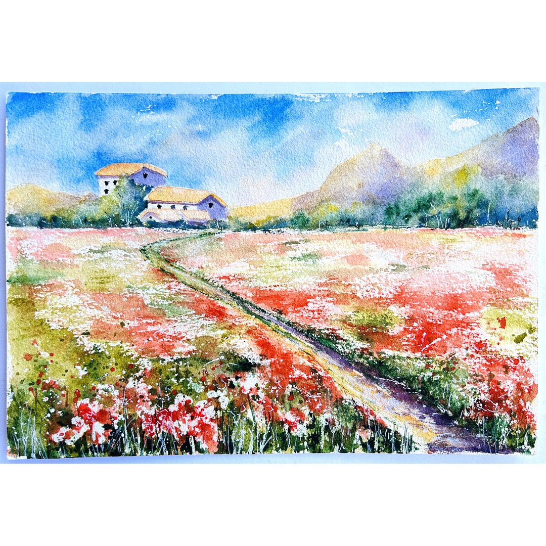 Poppy Field Painting Original Watercolor Art Poppies Art Path in the ...
