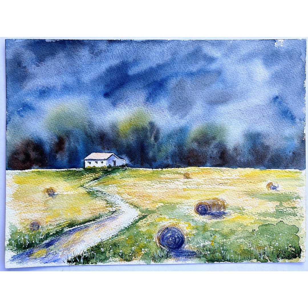Field Painting Original Art Haystacks Painting Hay Art House in Field ...
