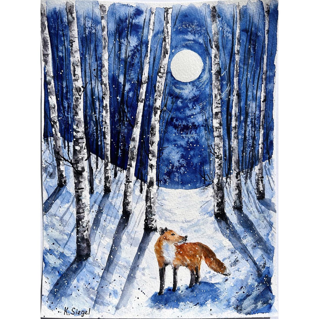 Winter Forest Painting Fox Painting Winter Night Art Red Fox Art Snowy ...
