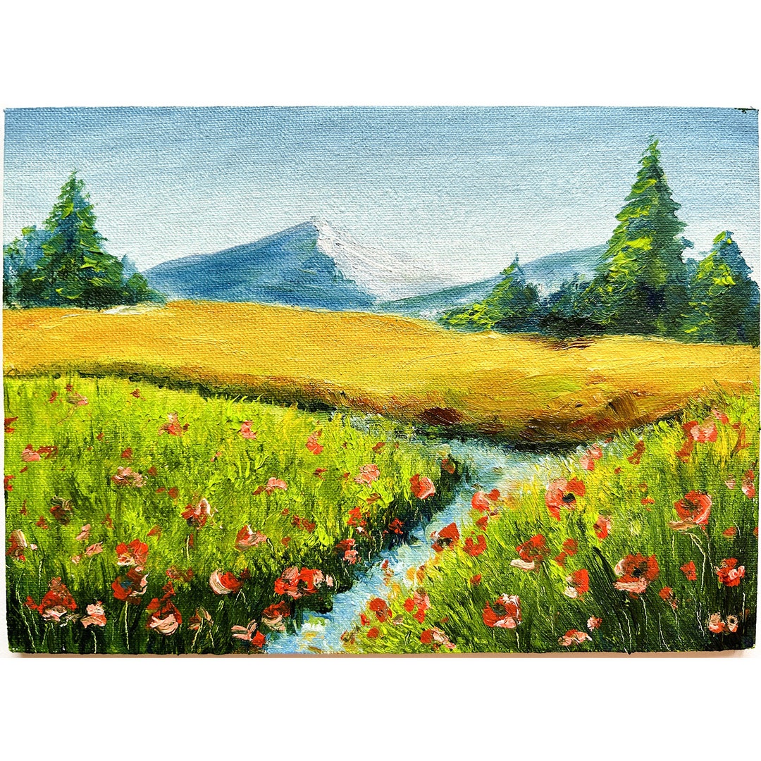 Poppy Field Painting Meadow Painting Red Poppy Art Mountains Landscape ...