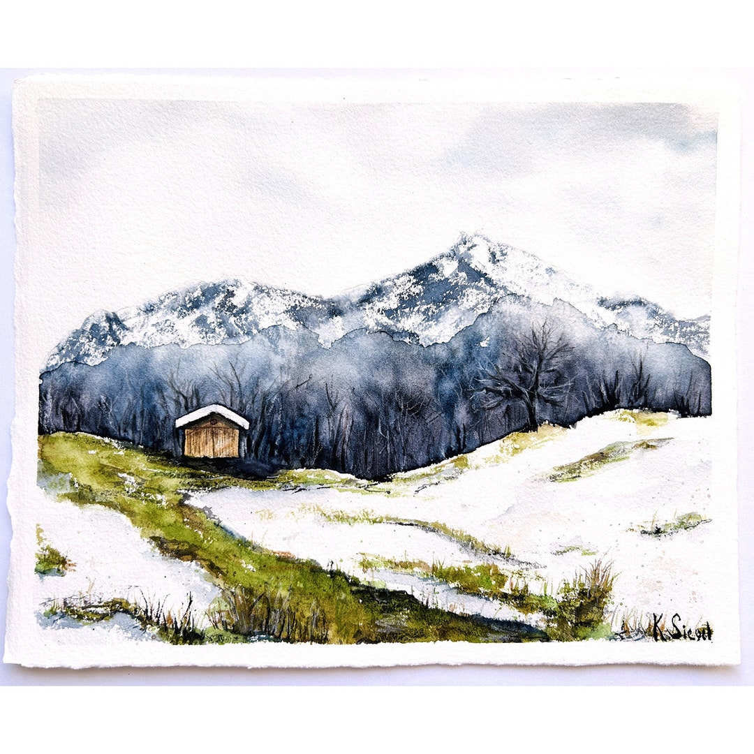 Mountains Landscape Original Art Meadow Painting Art Snow Mountains ...