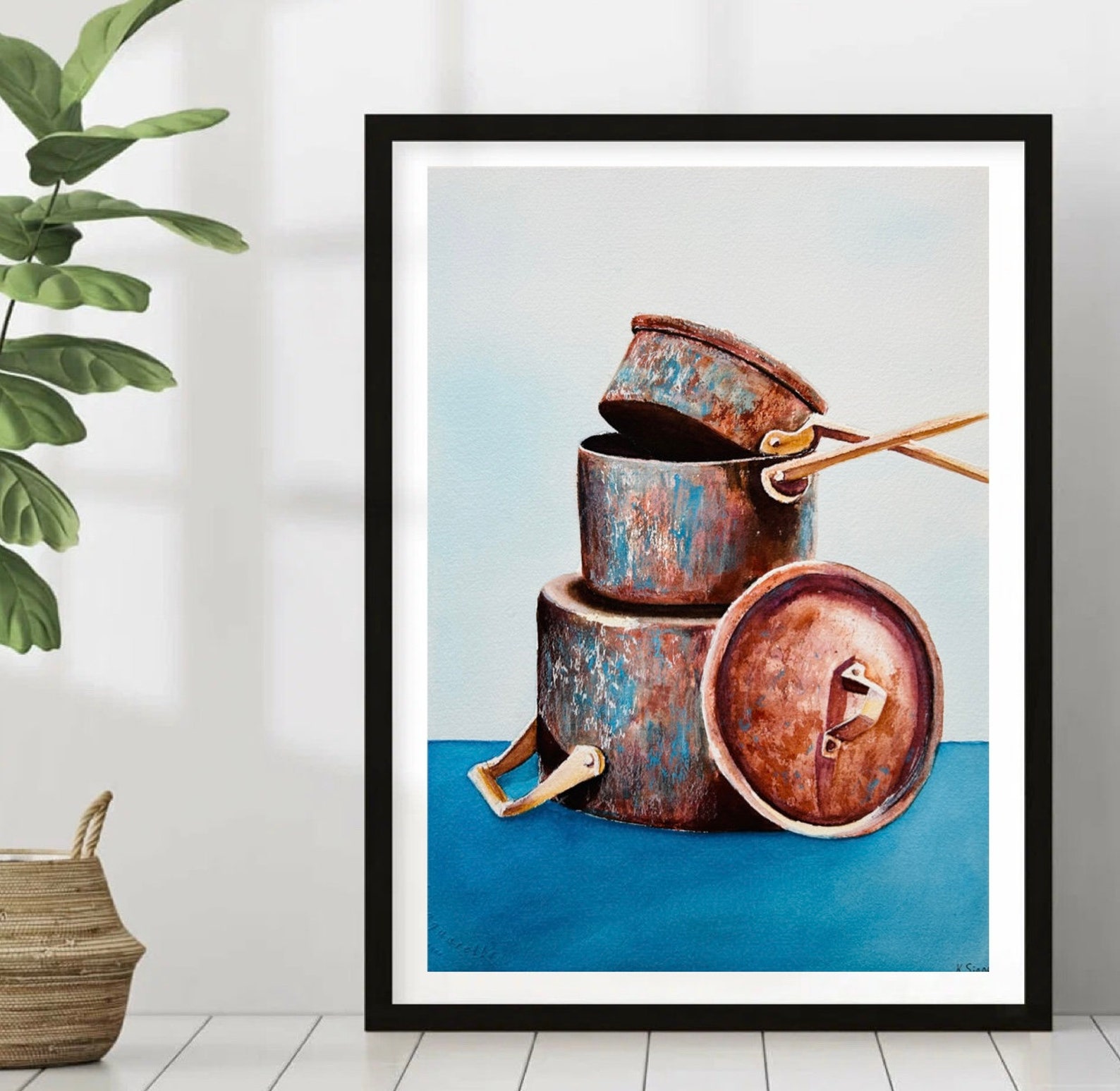 Cooking Pots Painting Vintage Wall Art Original Art Kitchen Still Life ...