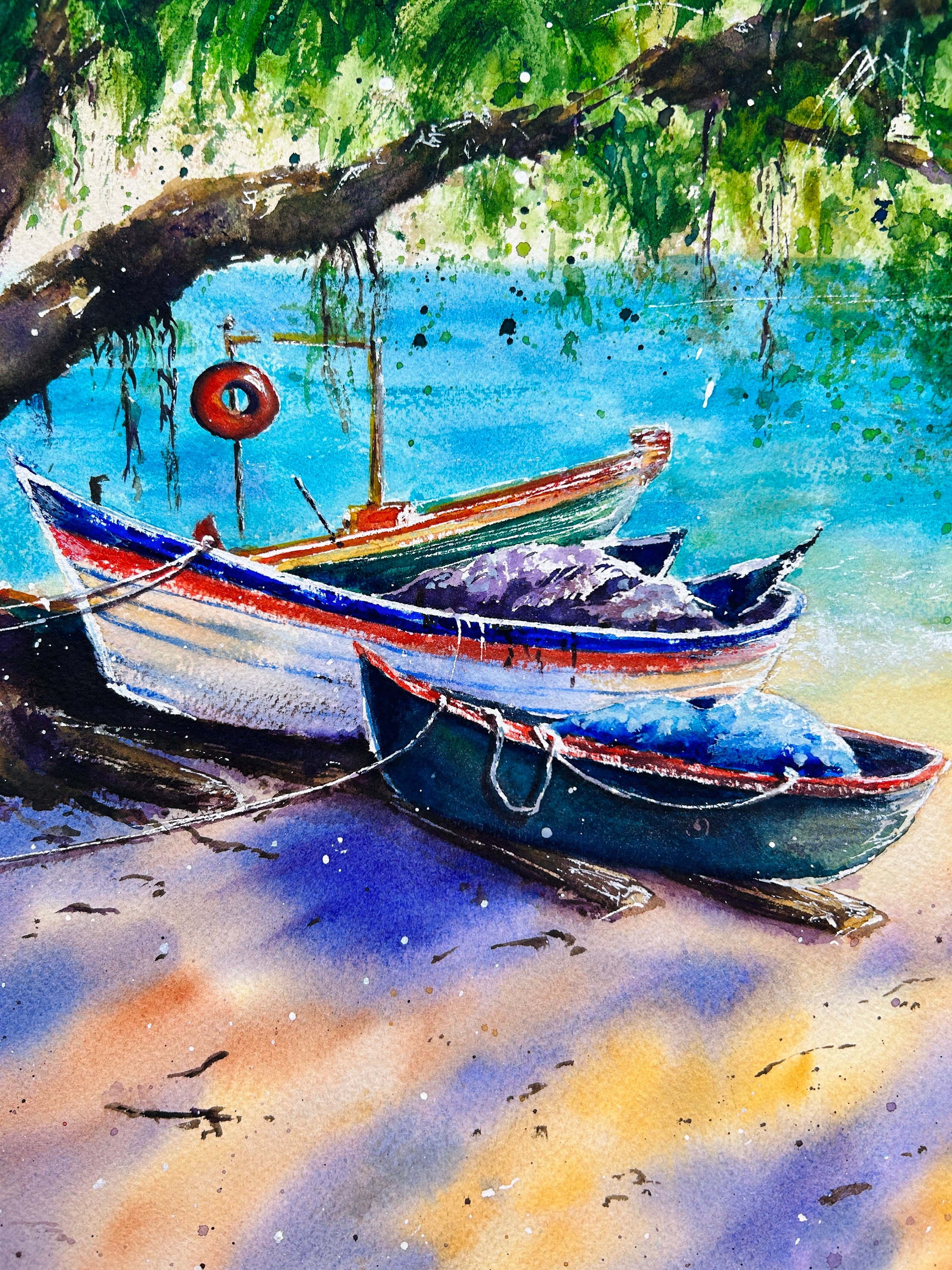 Tropical Painting Original Art Two Boats Art Seascape Painting Fishing ...
