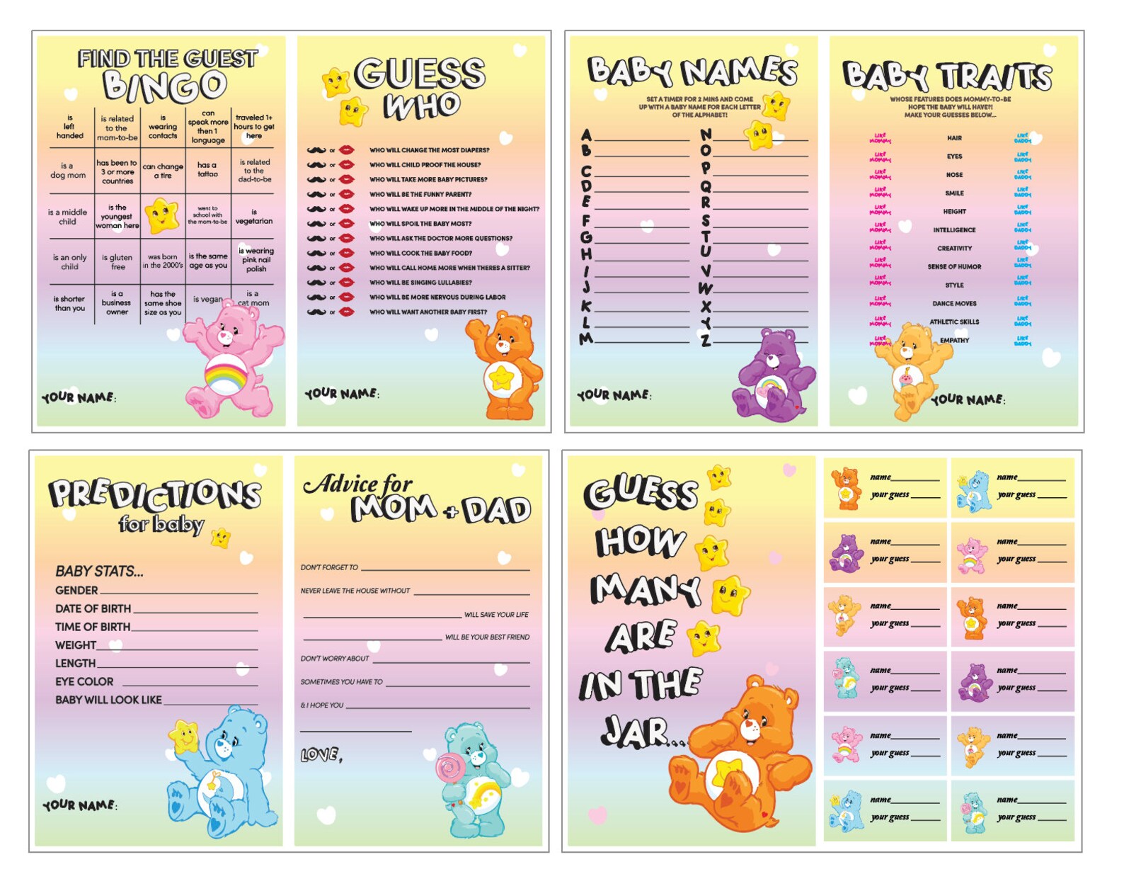 BABY Shower Game Pack - Classic Care Bears - Etsy