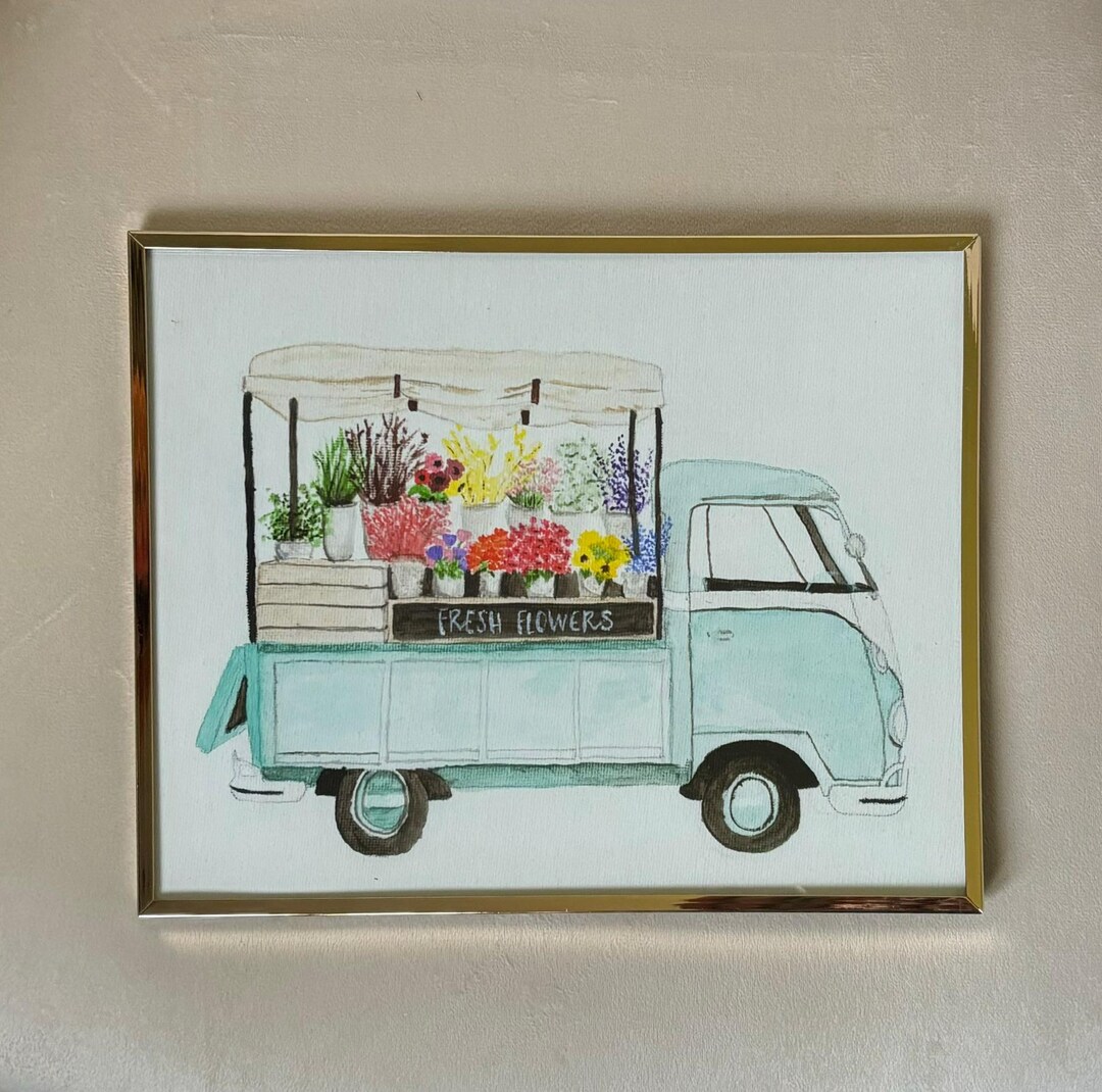 VW Bus, Flower Truck, Flowers, Watercolor, Framed Art, Wall Decor, Home ...