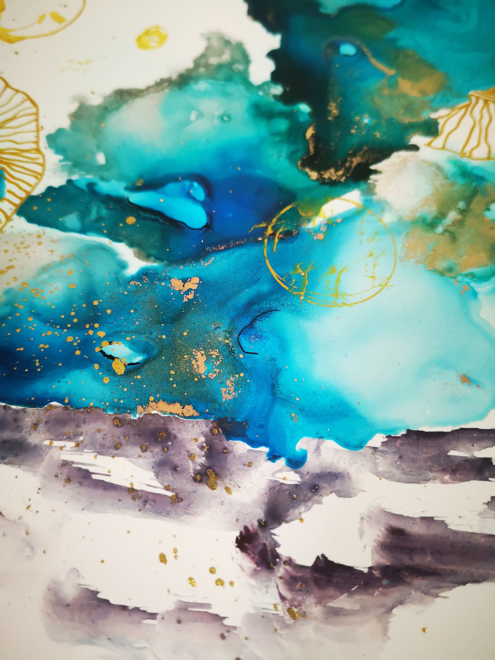 Cuadro abstracto del mar en tonos azules, Ilustración alcohol ink azul ...