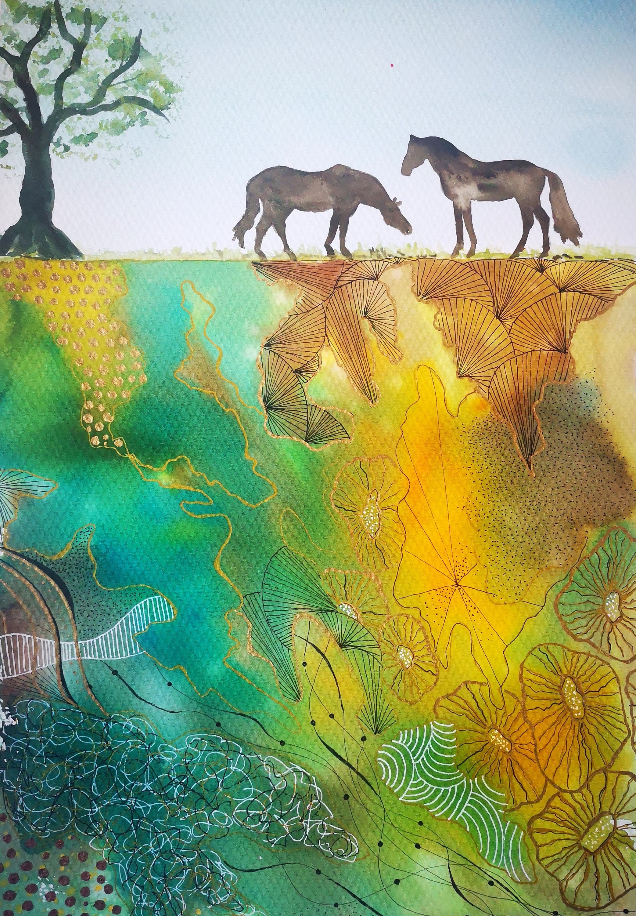 Acuarela paisaje abstracto caballos, arte contemporáneo para pared ...