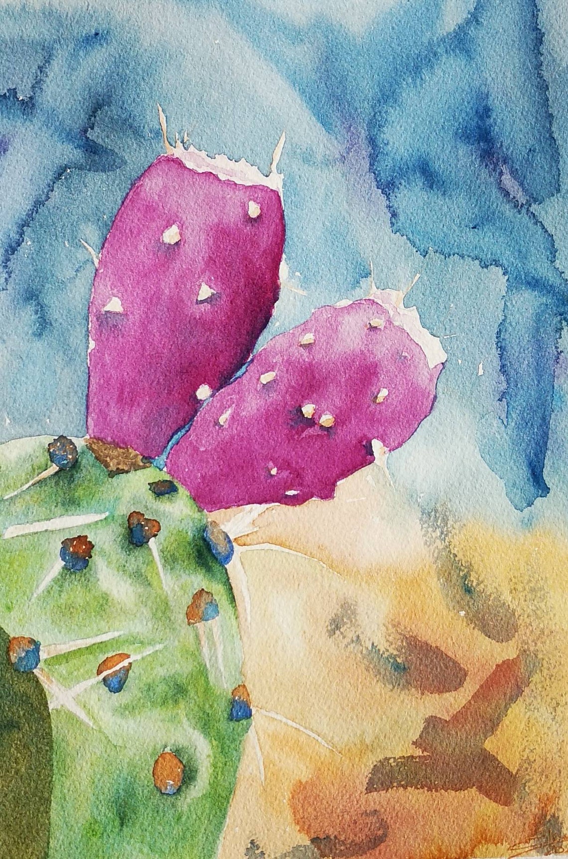 Pintura de un cactus morado, decoración botánica interior, acuarela ...