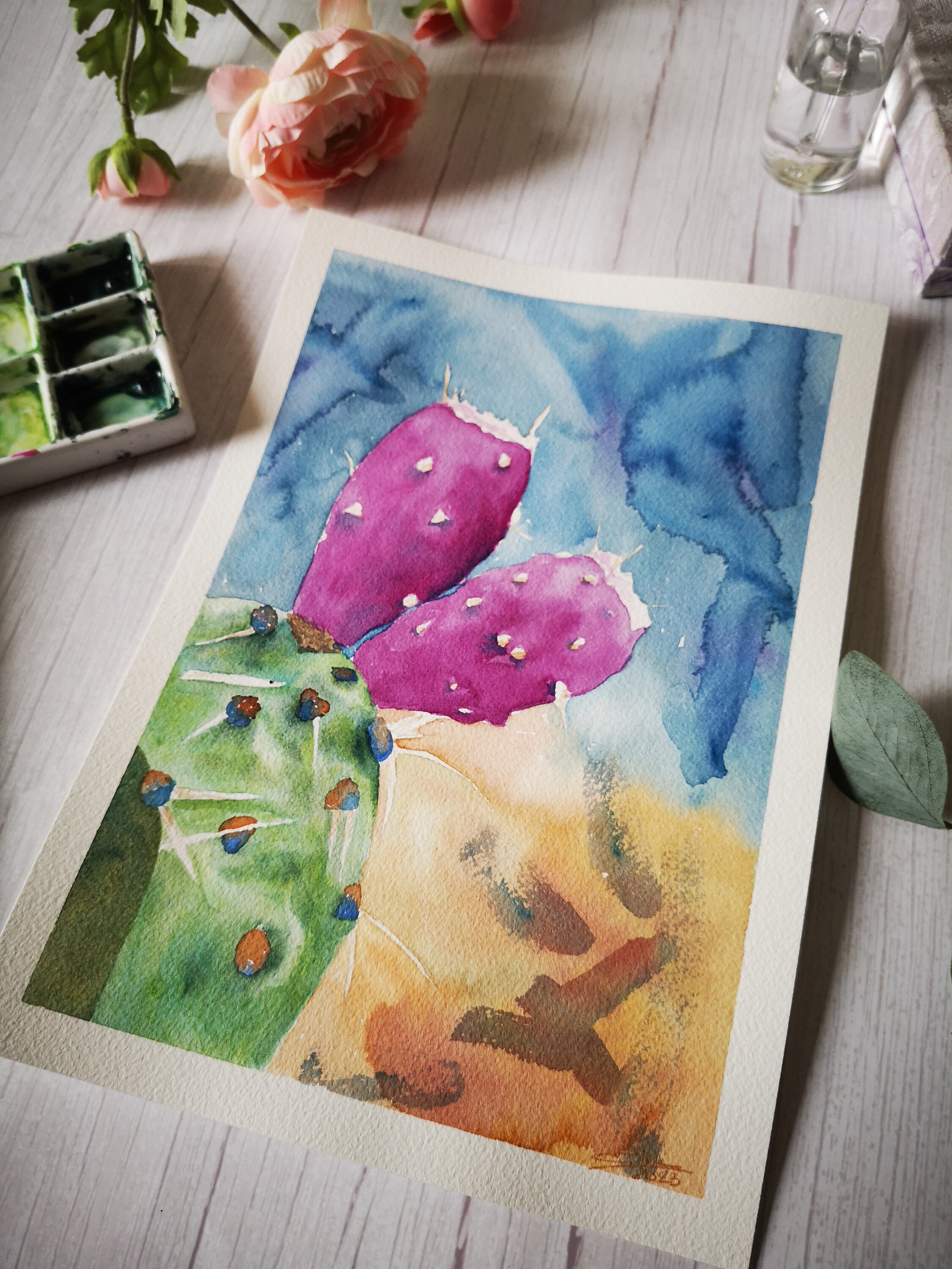 Pintura de un cactus morado, decoración botánica interior, acuarela ...