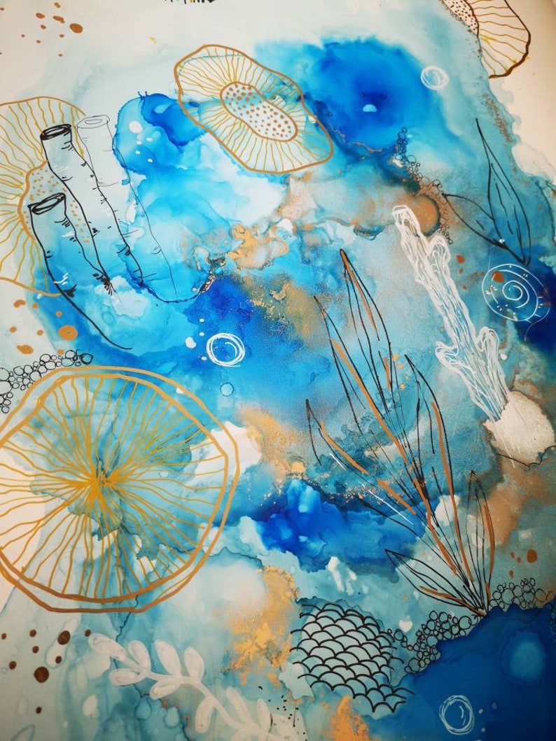 Cuadro abstracto del mar en tonos azules Ilustración alcohol - Etsy España