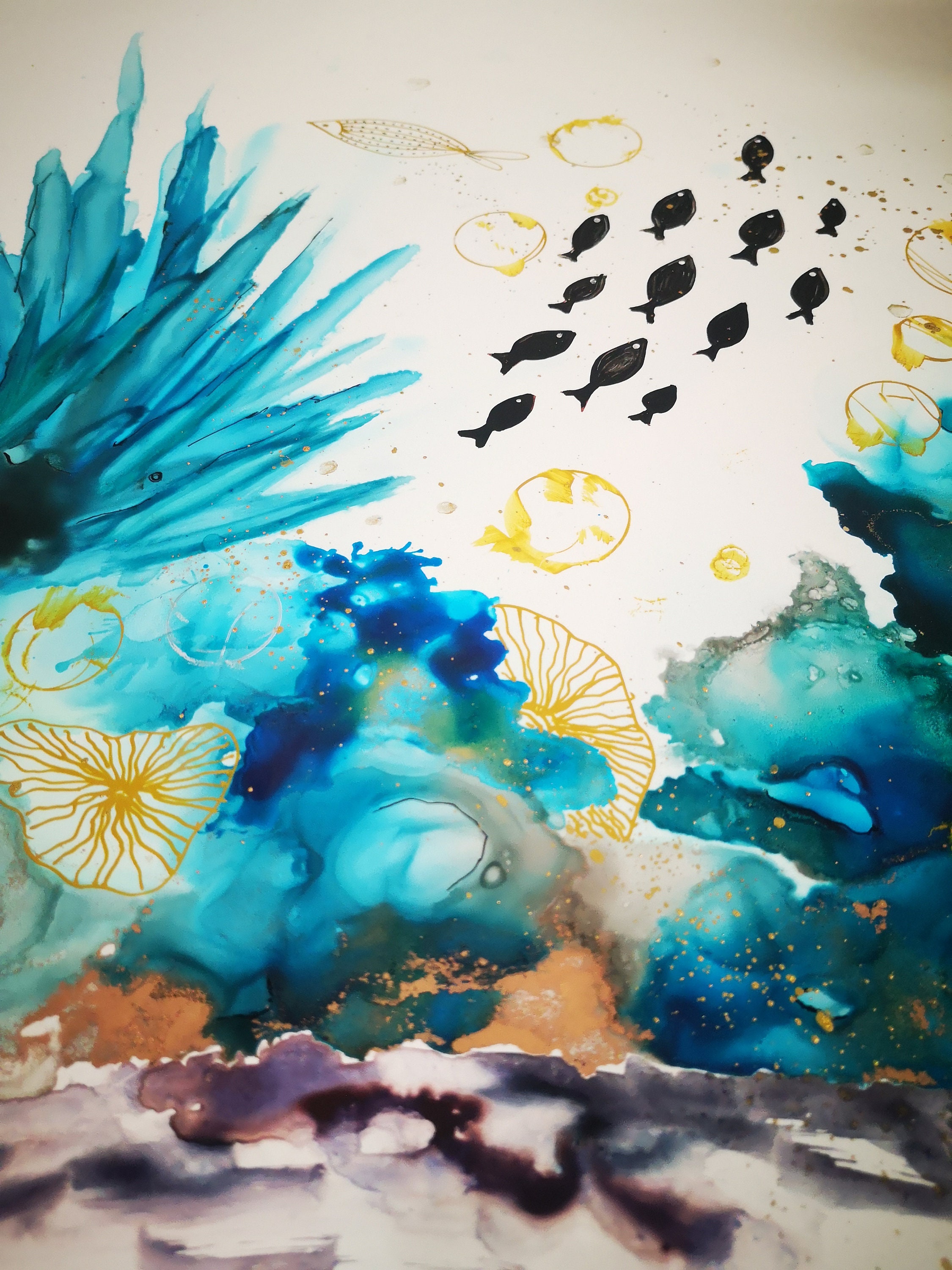 Cuadro abstracto del mar en tonos azules, Ilustración alcohol ink azul ...