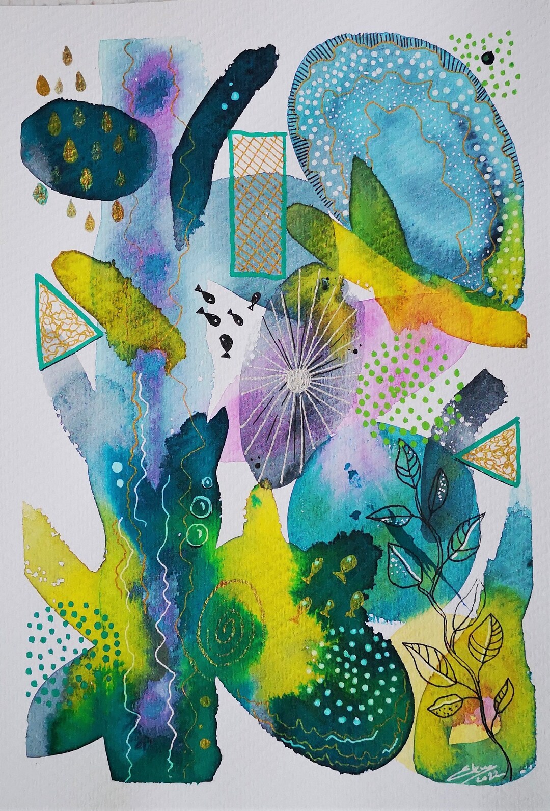 Modern Art Painting Seabed, Original Abstract Watercolor, Wall Art ...