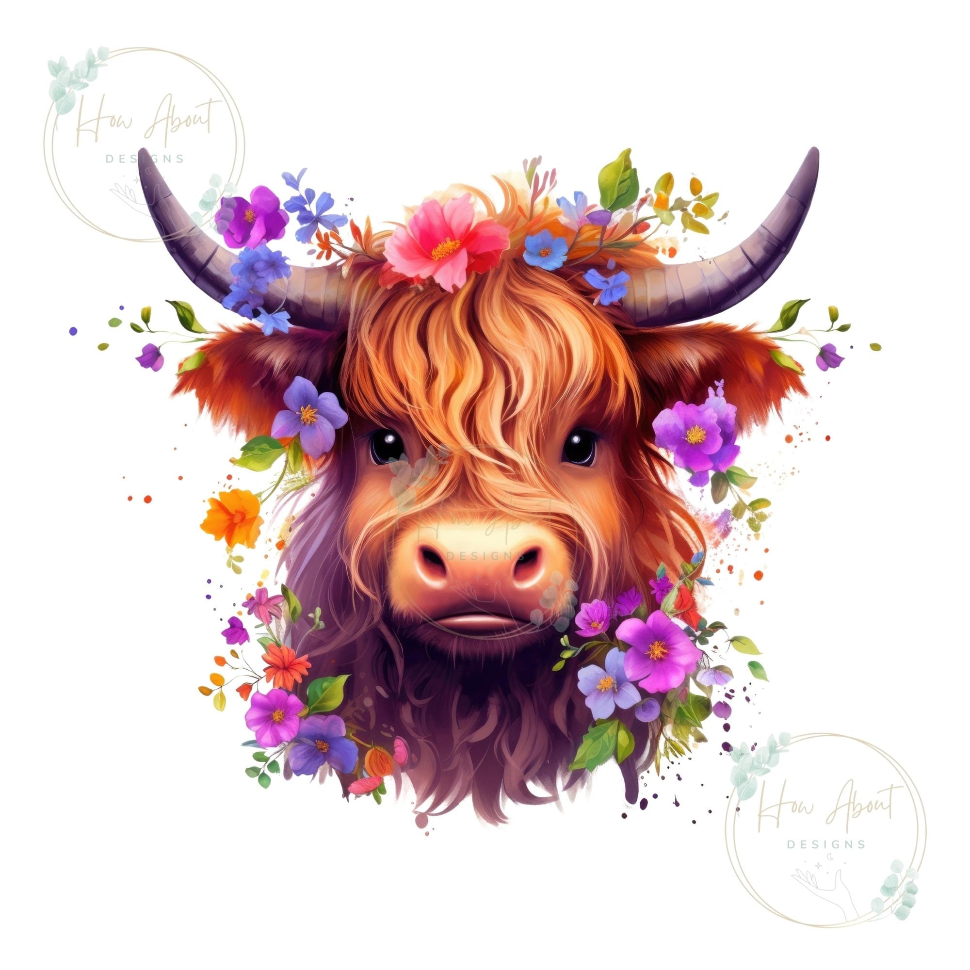 Highland Cow With Flowers Cute Highland Cow Floral Heifer Digital ...