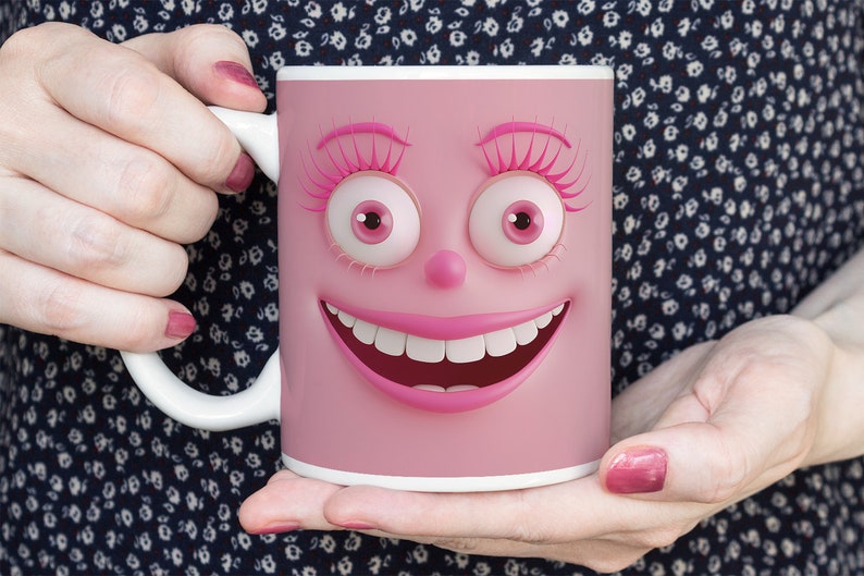 Pink Cartoon Face 3D Mug, Funny Faces Coffee Cup, Gift for Friend ...