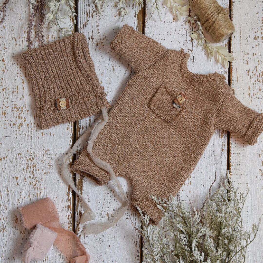 Brown Long Sleeve Outfit and Bonnet for Newborn Photography, Newborn ...