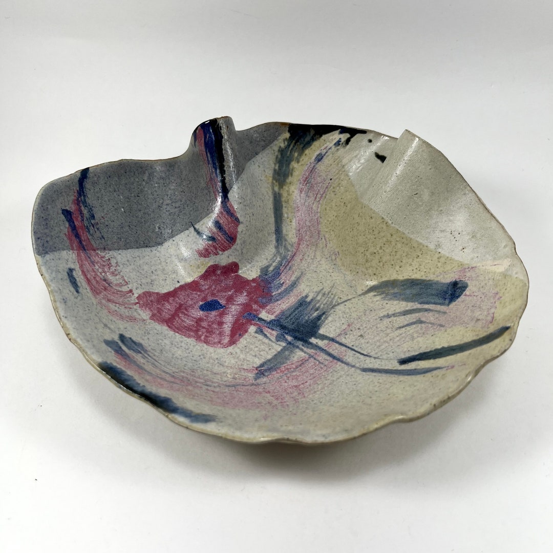 Signed Studio Art Pottery Bowl | Abstract Blue, Pink, & Cream Glaze ...