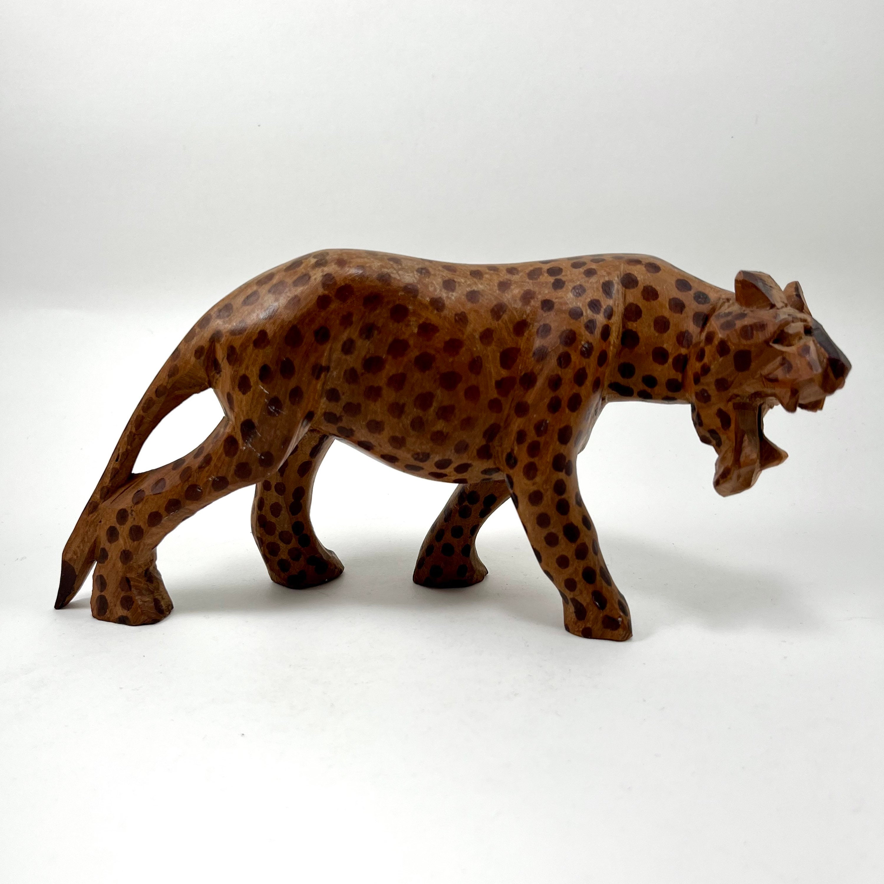 Large Hand Carved Wooden Leopard Figurine Vintage African Wood Animal ...