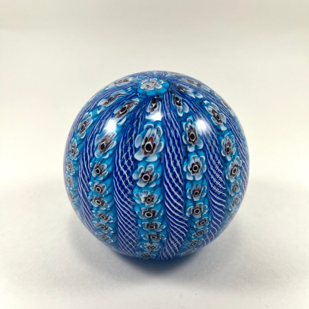 Fratelli Toso Murano Glass Paperweight With Blue and White Garza Canes ...