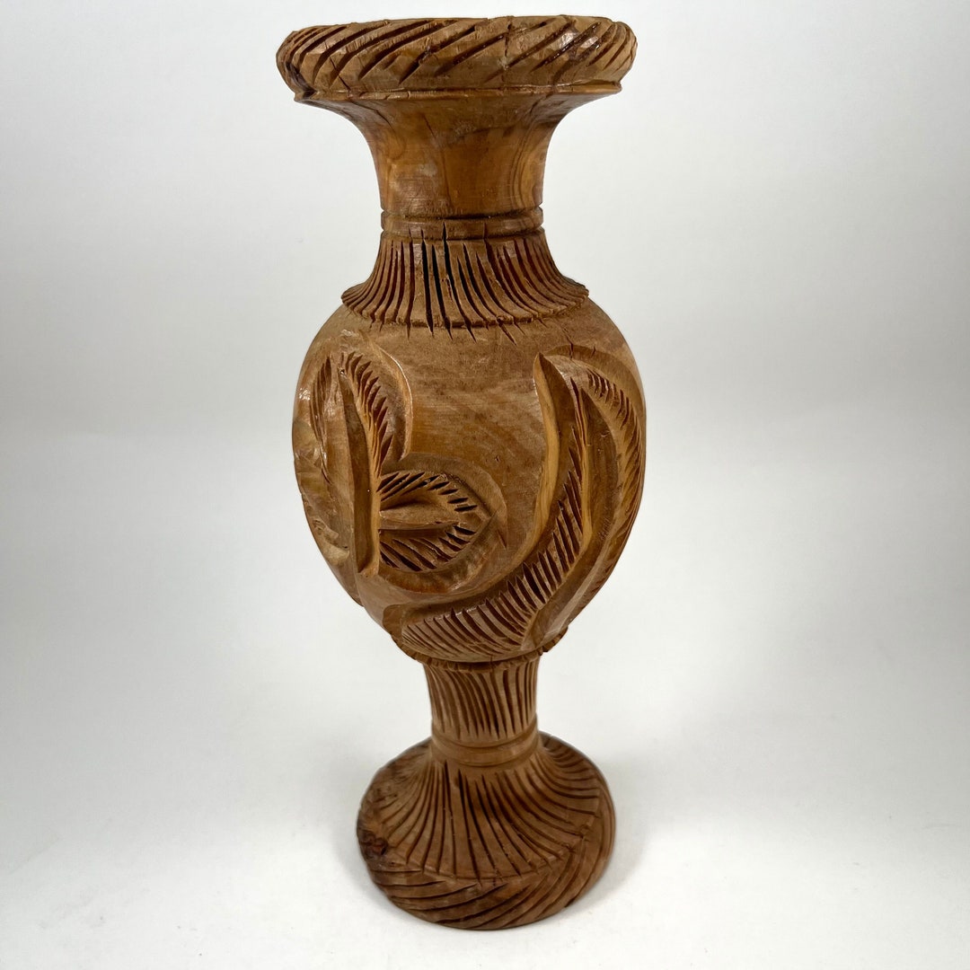 Vintage Carved Wood Vase | Large Hand Carved Wooden Vase | Leaves and ...