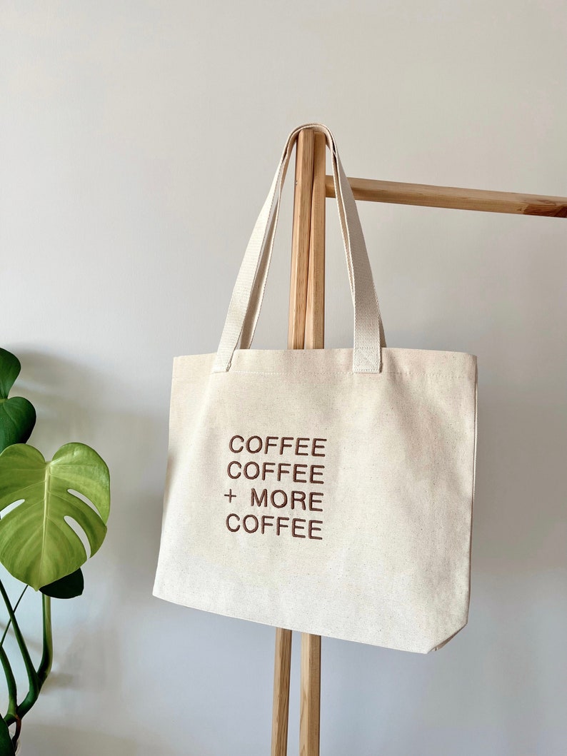 Embroidered Tote Bag, Coffee Lover Gift, Embroidered Canvas Bag, Large ...