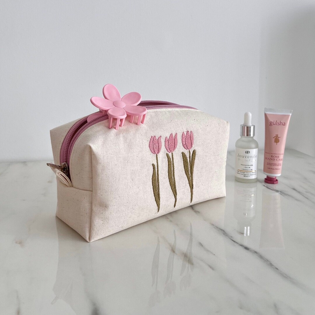 Pink Tulips Embroidered Makeup Bag, Floral Makeup Bag, Floral Makeup ...