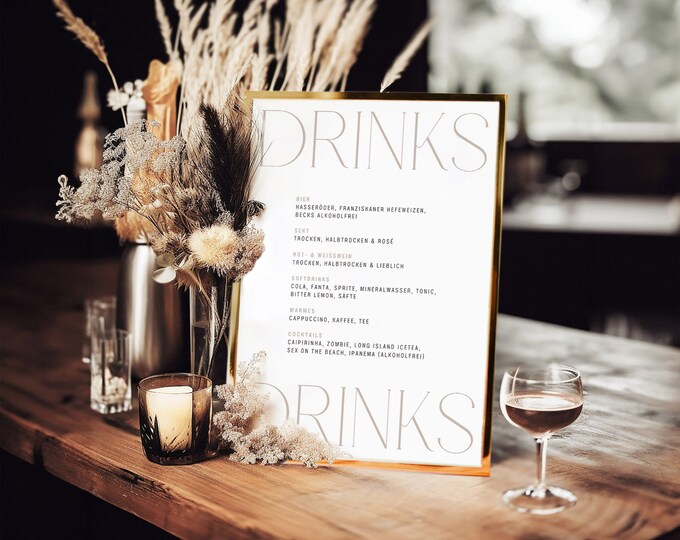 A4/A3 Drinks Poster, Drinks Menu Wedding; Drinks Overview; Bar Sign ...