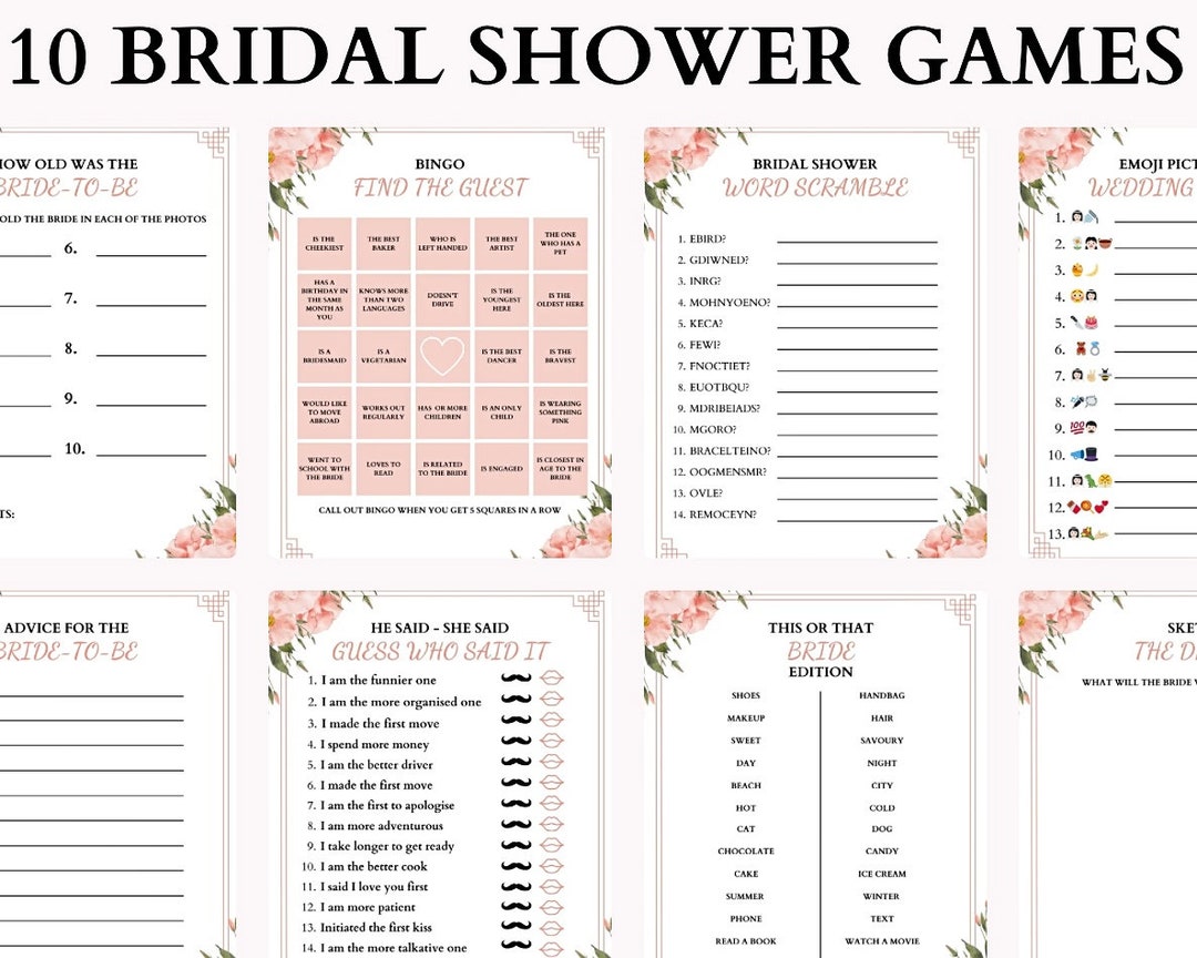 Pink Floral Bridal Shower Games Bundle, Digital Download, PDF, Includes ...