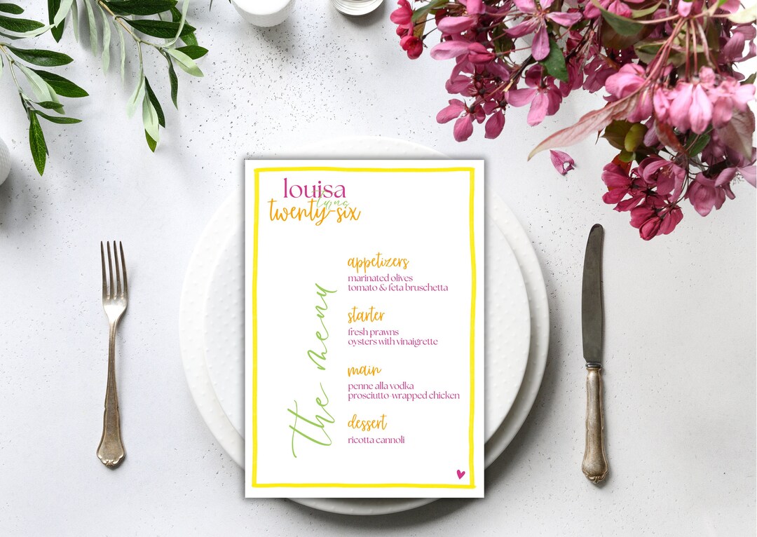 Bright Editable Menu Template, Fun Birthday or Bridal Shower Menu ...