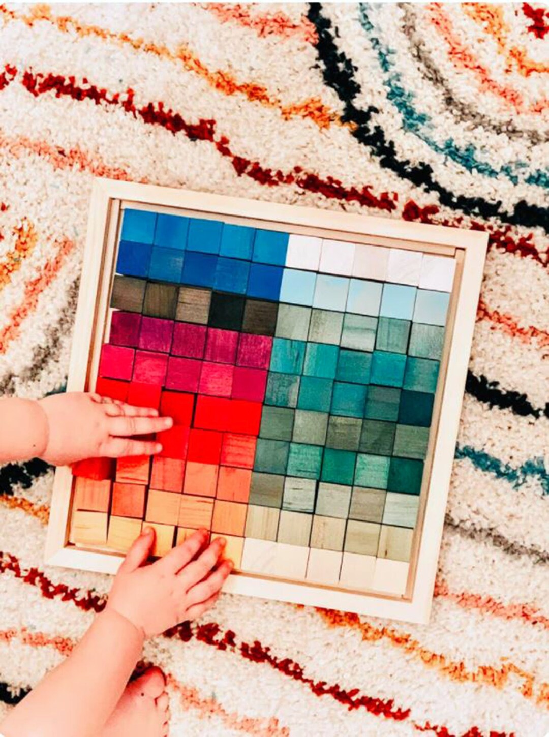 Wooden Rainbow Mosaic Cubes With Tray - 100 Pc; Natural Montessori Toys ...