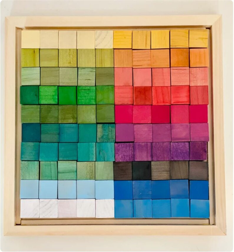 Wooden Rainbow Mosaic Cubes With Tray - 100 Pc; Natural Montessori Toys ...