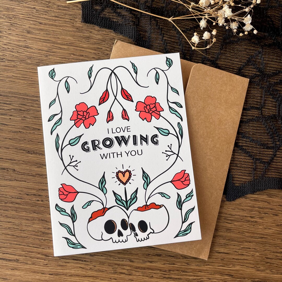 Growing With You Greeting Card | Whimsically Dark Skull Florals ...