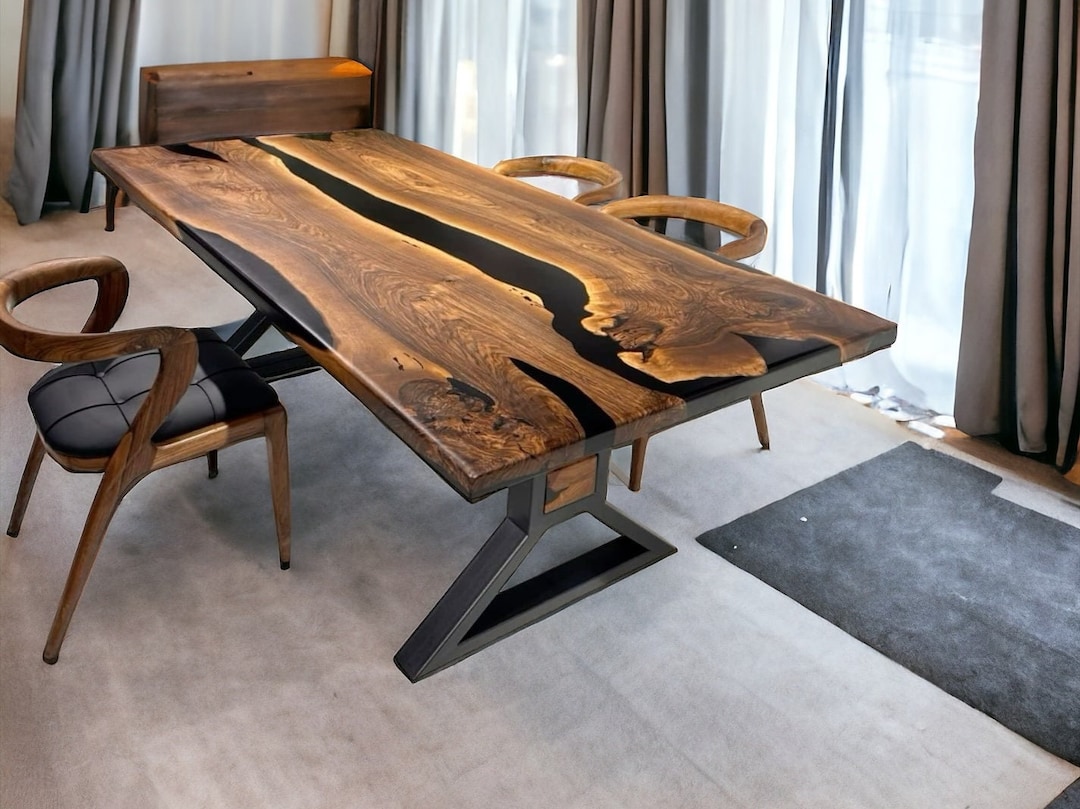Walnut Wood Epoxy Dining Table, Epoxy Table Top, Black Epoxy Table ...