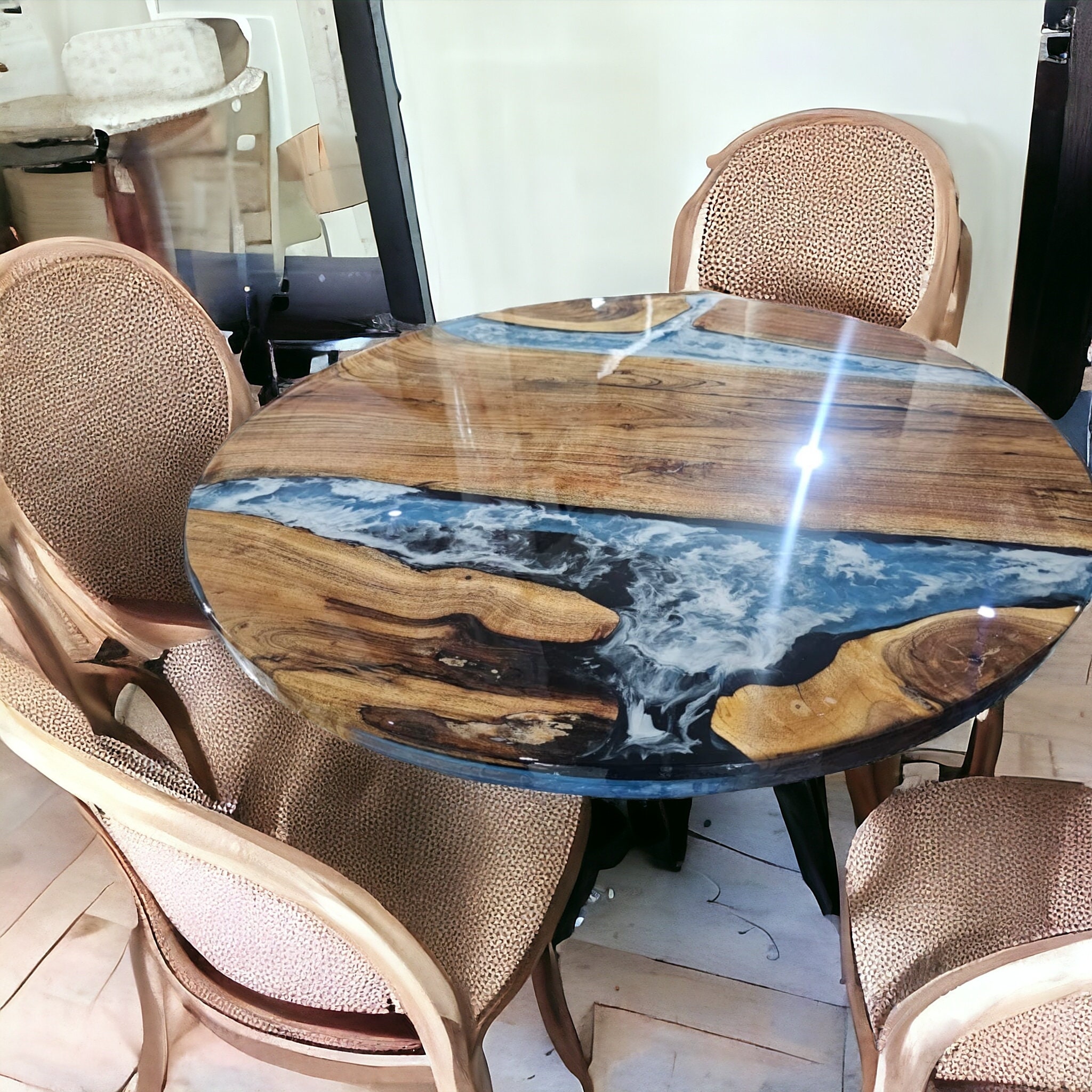 Round Epoxy Dining Table, Round Epoxy Table, Round Blue Epoxy Table ...