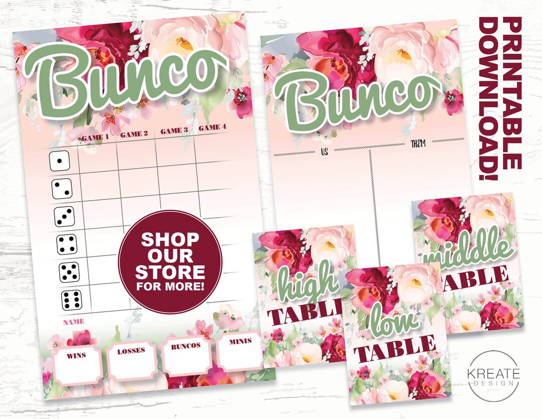 Floral Flower Bunco Set, Bunco Score Cards, Tally Sheets, Table Cards ...