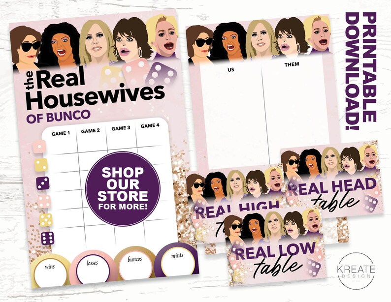 Real Housewives Bunco Set, Bunco Score Cards, Tally Sheets, Table Cards ...