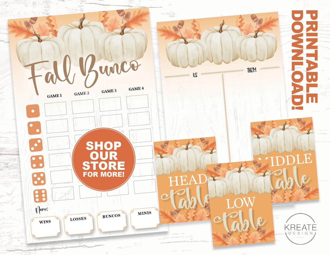 Fall Autumn Bunco Set, Bunco Score Cards, Tally Sheets, Table Cards and ...