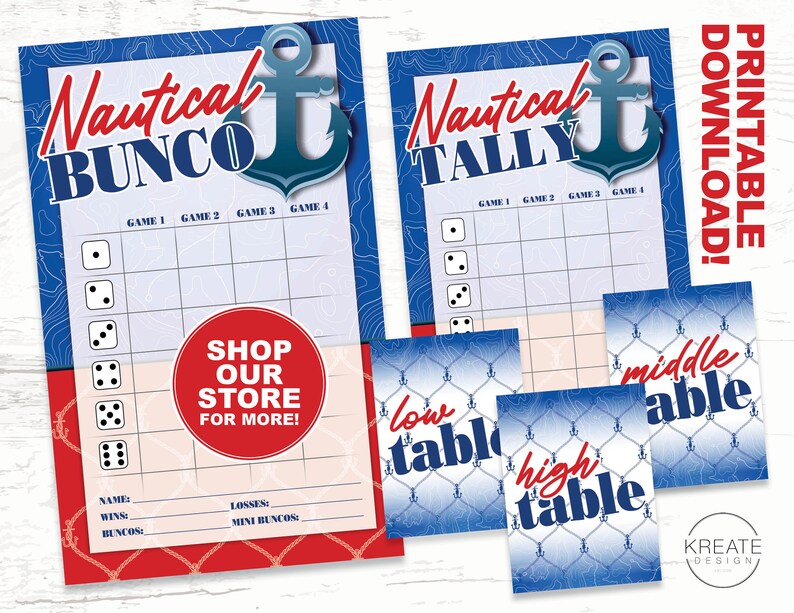 Nautical Bunco Set, Bunco Score Cards, Tally Sheets, Table Cards and ...