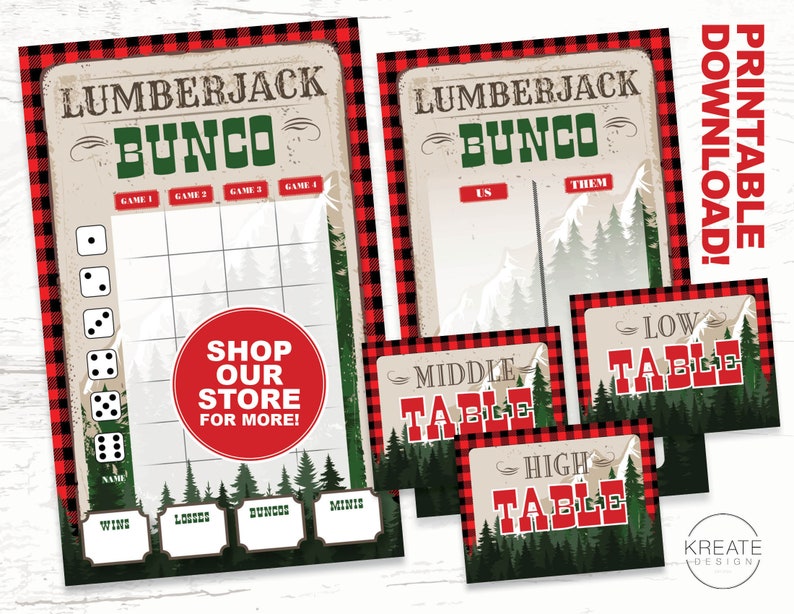 Lumberjack Forest Bunco Set, Bunco Score Cards, Tally Sheets, Table ...
