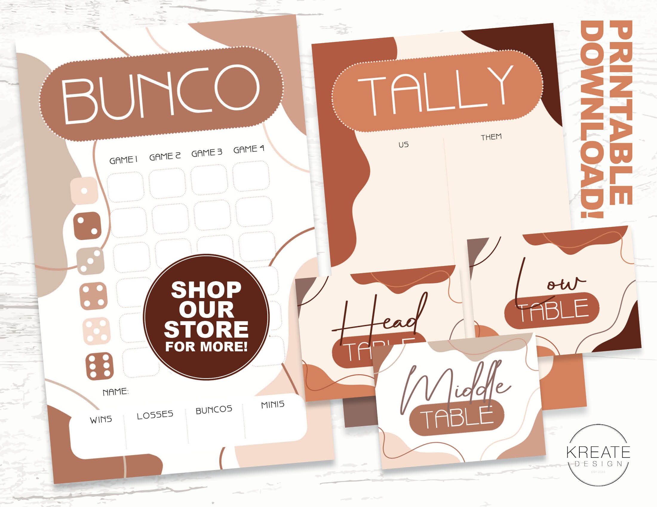 Bunco Set, Bunco Score Cards, Tally Sheets, Table Cards and Table Tents ...