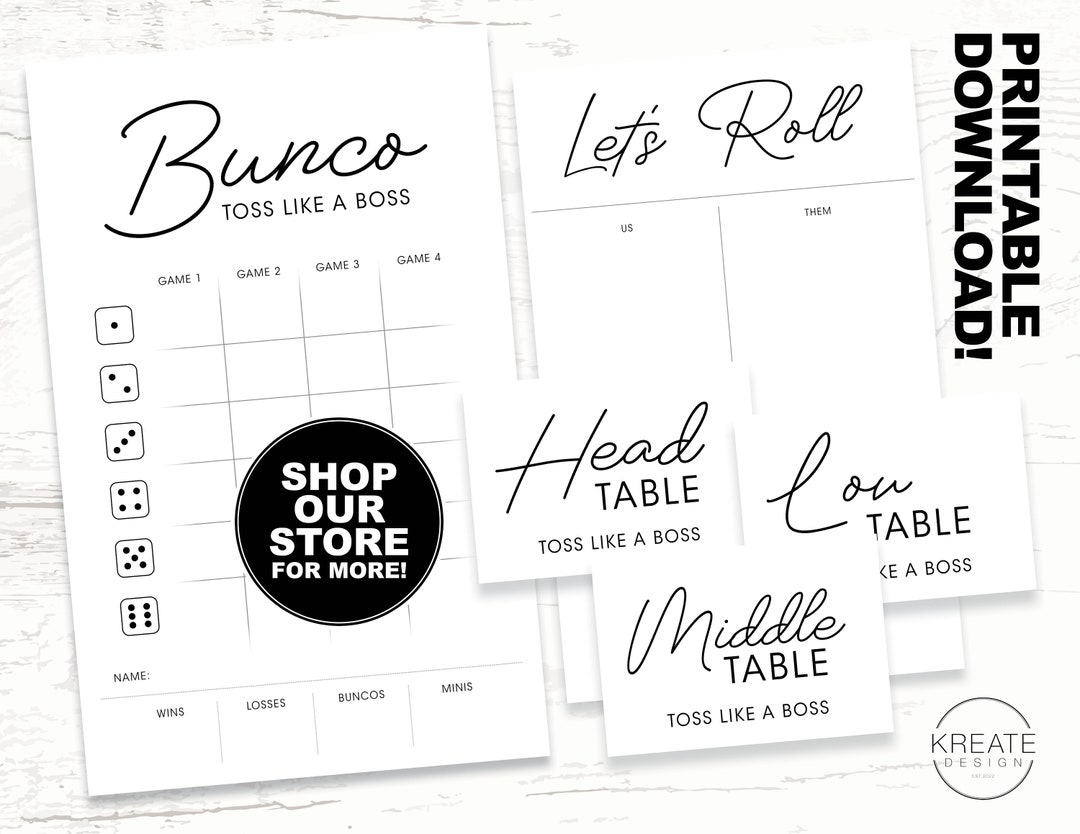 Basic Bunco Set, Bunco Score Cards, Tally Sheets and Table Tents ...
