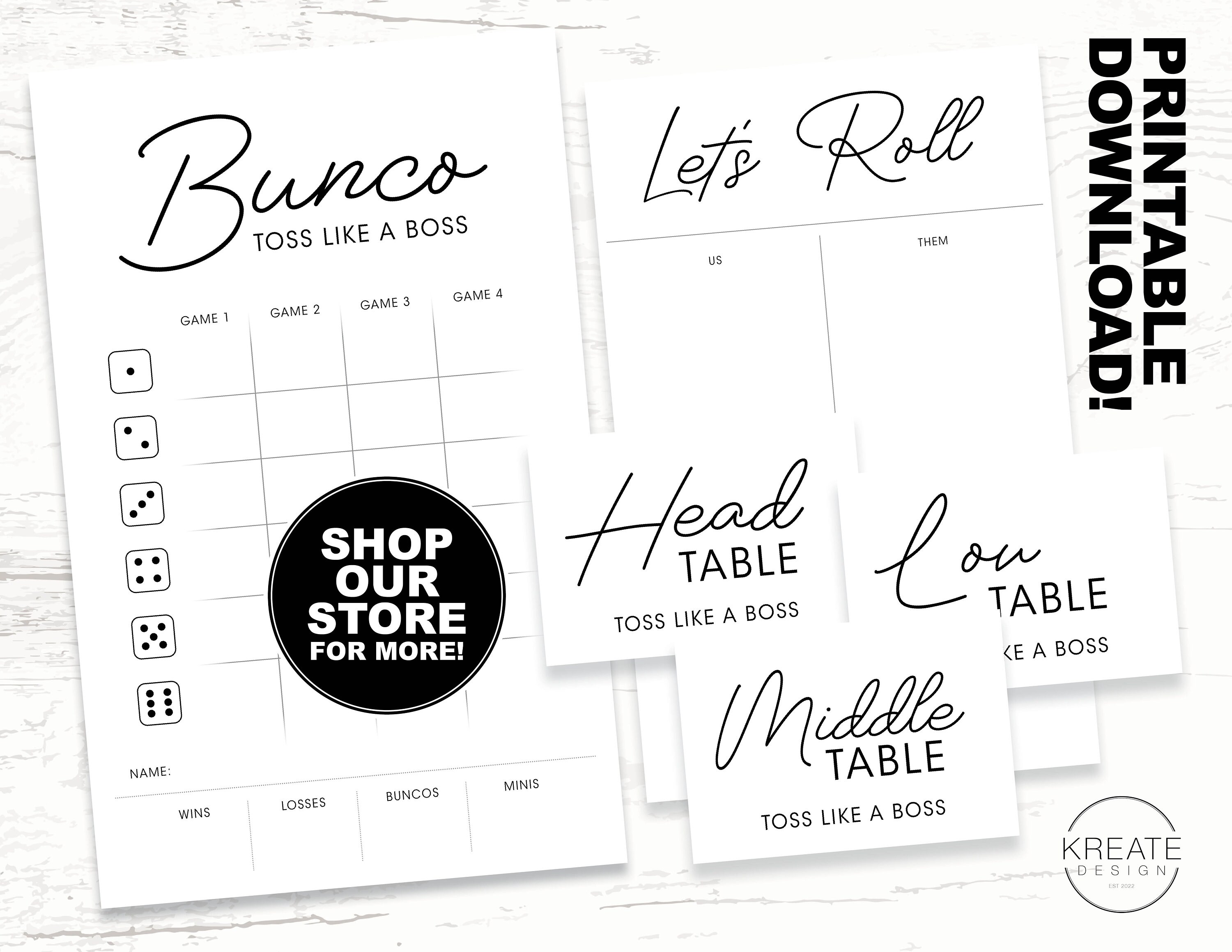 Basic Bunco Set, Bunco Score Cards, Tally Sheets and Table Tents ...